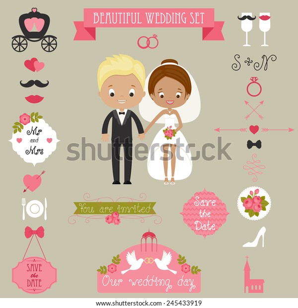 Cute Couple Big Wedding Icons Set Stock Vector (Royalty Free) 245433919 ...
