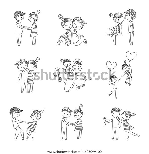 Cute Couple Cartoon Set Outline Vector Stock Vector (Royalty Free ...