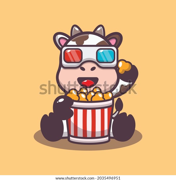 Cute Cow Eating Popcorn While Watching Stock Vector (Royalty Free ...