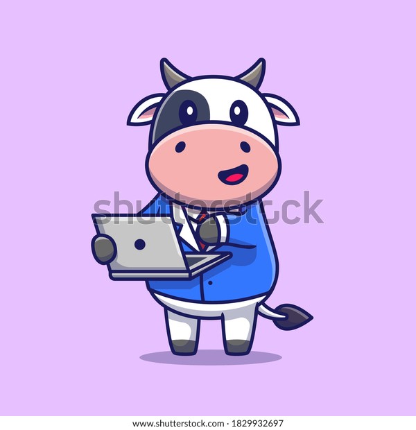 Cute Cow Working On Laptop Cartoon Stock Vector (Royalty Free ...