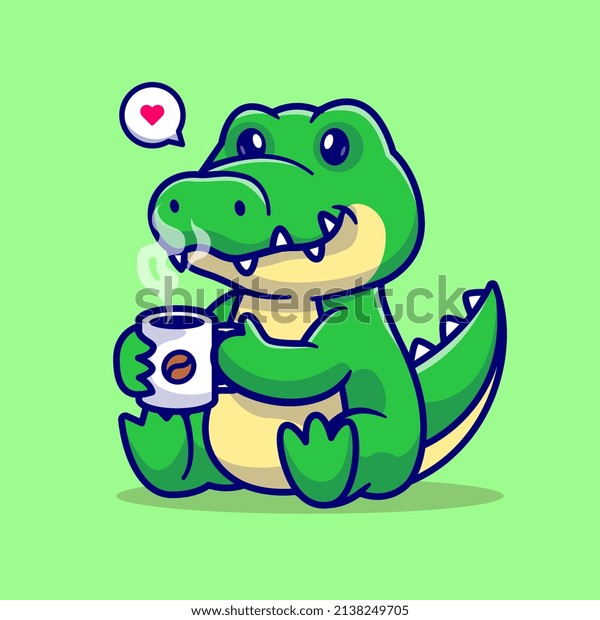 Vektor Stok Cute Crocodile Drinking Coffee Cartoon Vector (Tanpa ...