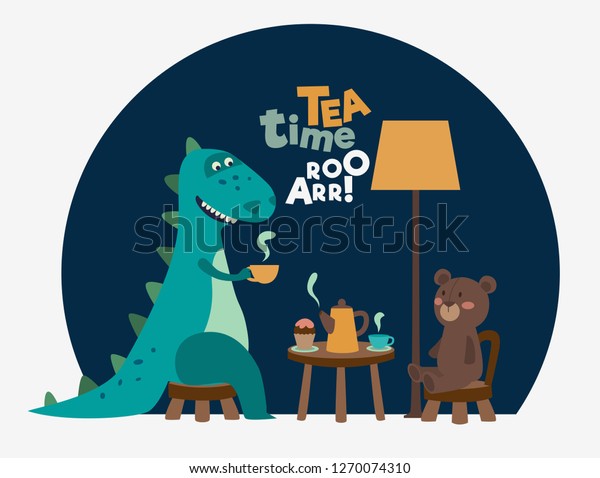 Cute Dinosaur Drinking Tea On Table Stock Vector (Royalty Free) 1270074310