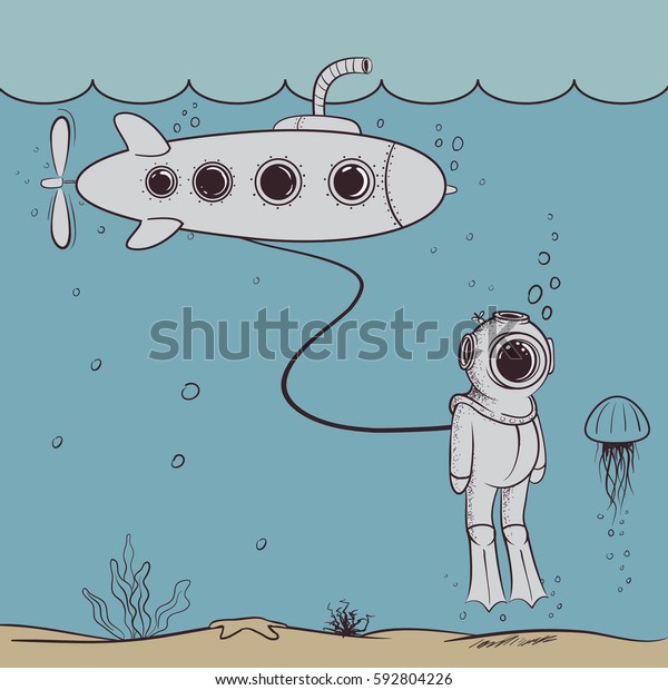 Cute Diver Floats Deep Ocean Submarine Stock Vector (Royalty Free ...