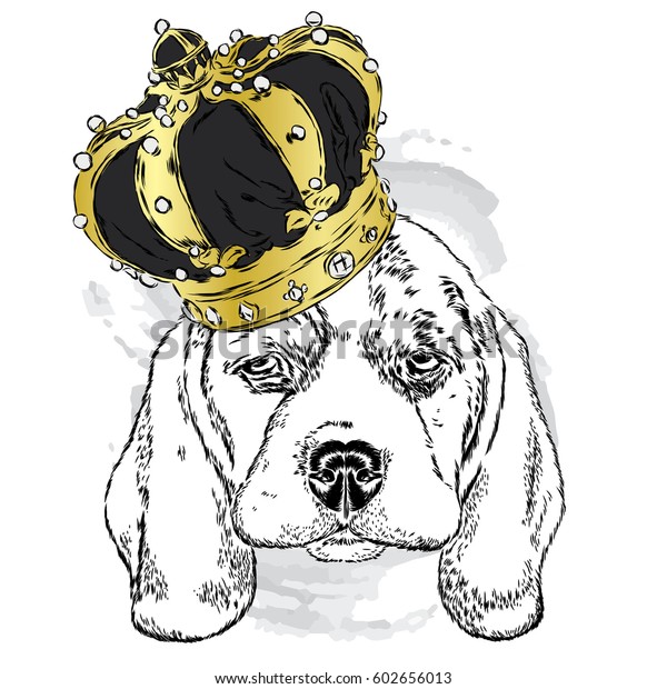 Cute dog wearing a crown . Vector illustration. Design element for ...