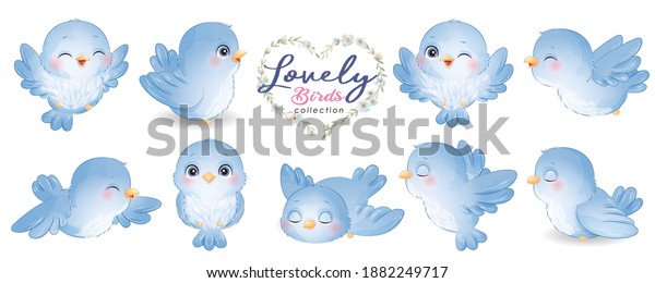 Cute Doodle Birds Poses Collection Stock Vector (Royalty Free ...