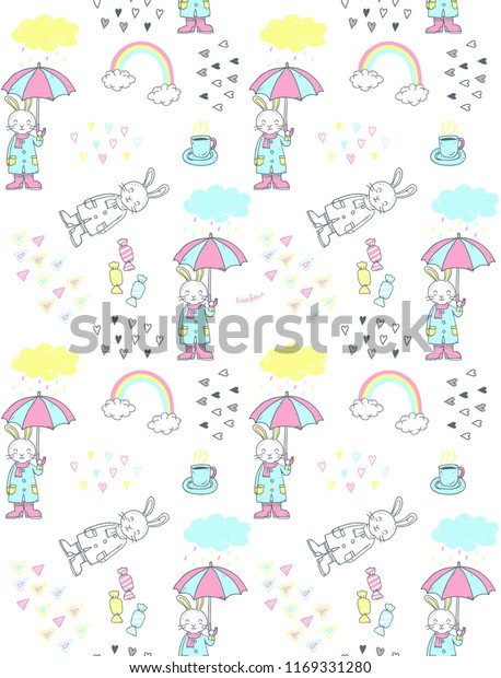 Cute Doodle Bunny Rain Pattern Stock Vector (Royalty Free) 1169331280 ...