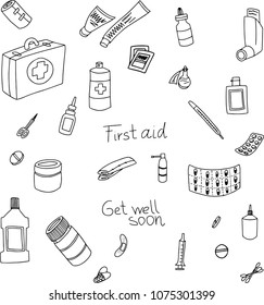 Cute Doodle First Aid Vector Set Stock Vector (Royalty Free) 1075301399 ...
