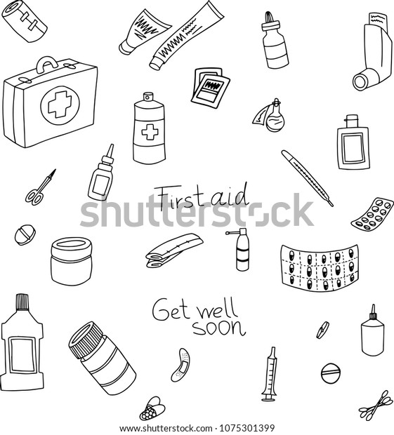 Cute Doodle First Aid Vector Set Stock Vector (Royalty Free) 1075301399 ...