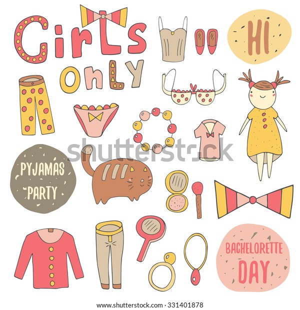 Cute Doodle Girl Objects Collection Including Stock Vector (Royalty ...