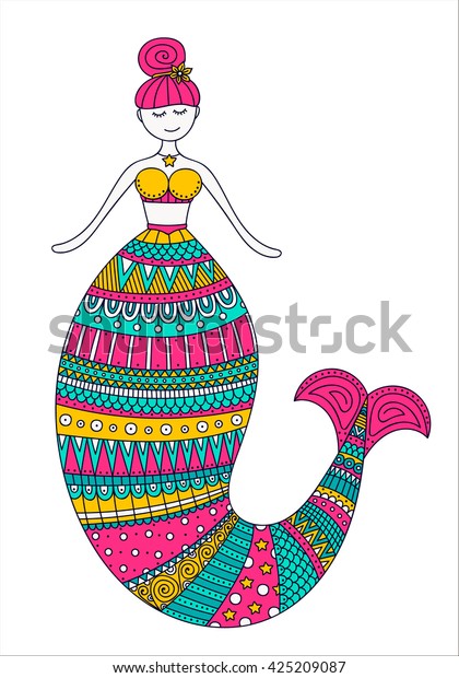 Cute Doodle Mermaid Vector Hand Drawn 스톡 벡터(로열티 프리) 425209087 ...