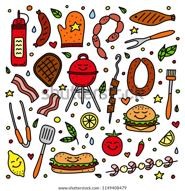 Cute Doodle Set Colored Barbecue Icons Stock Vector (Royalty Free ...