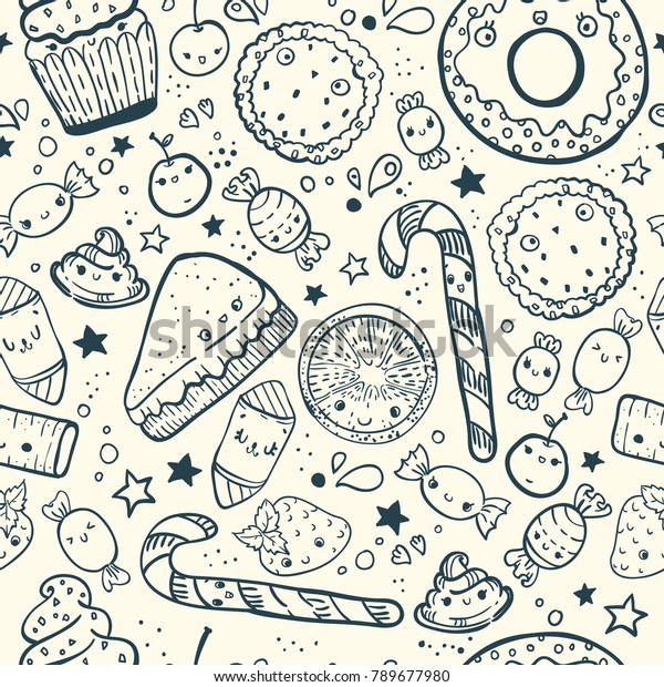 Cute Doodle Sweets Illustration Seamless Pattern Stock Vector (Royalty ...