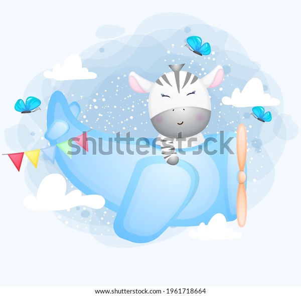 Cute Doodle Zebra Flying Plane Cartoon Stock Vector (Royalty Free ...