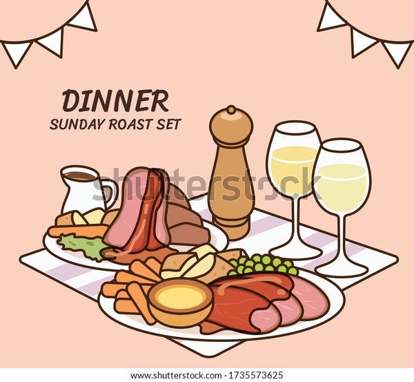 Cute Draw Dinner Collection Sunday Roast Stock Vector (Royalty Free ...
