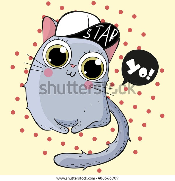 Cute Drawn Cat in a cap with big eyes