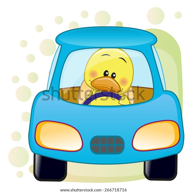 Cute Duck is sitting in a car