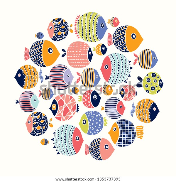 Cute Fish Around Motif Fish Stock Vector (Royalty Free) 1353737393