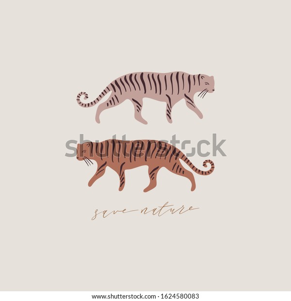 Cute flat cartoon tiger protection poster or banner with lettering Save ...
