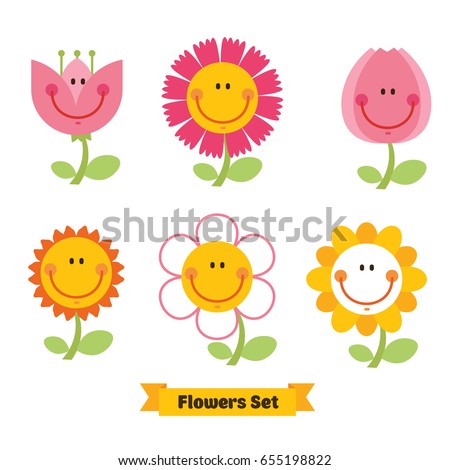 Cute Flowers Emoticon Set Funny Smiley Stock Vector (Royalty Free ...