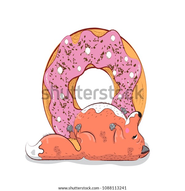 Cute Fox Lying Near Large Donut Stock Vector (Royalty Free) 1088113241