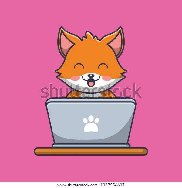 Cute Fox Playing Laptop Cartoon Illustration Stock Vector (Royalty Free ...