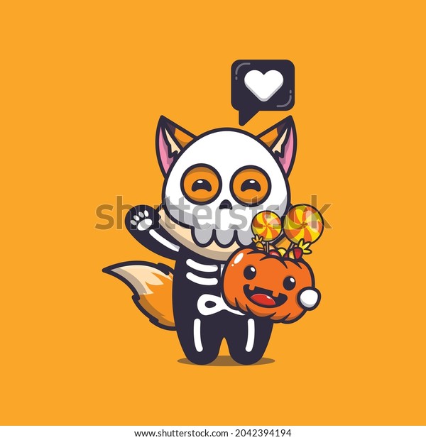 Cute Fox Skeleton Costume Holding Halloween Stock Vector (Royalty Free ...