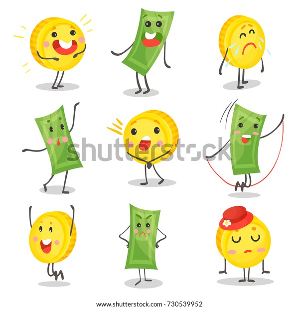 Cute funny banknotes and coins humanized characters showing various ...
