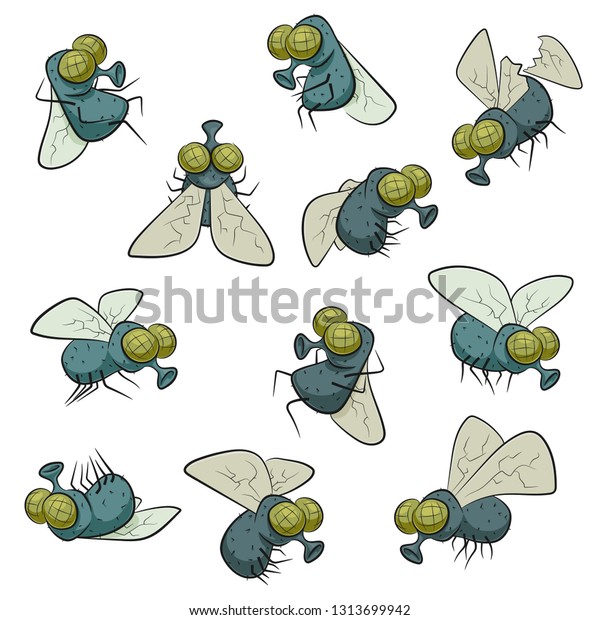Cute Funny Cartoon Flies Set Flying Stock Vector (Royalty Free ...