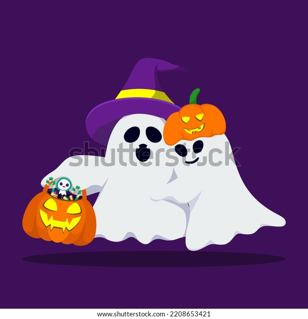 Cute Funny Couple Ghost Cartoon Vector Stock Vector (Royalty Free ...