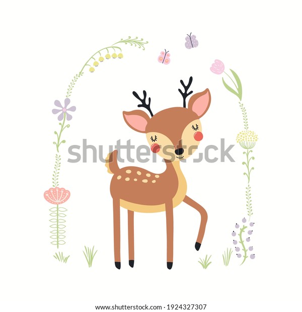 Cute Funny Deer Floral Frame Isolated Stock Vector (Royalty Free ...
