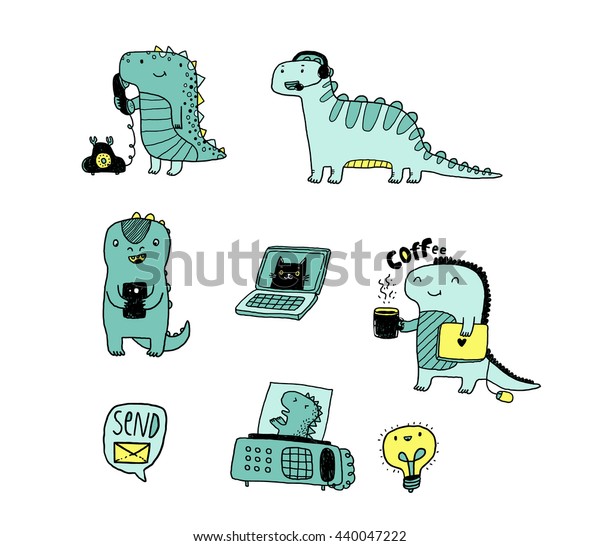Cute Funny Dinosaurs Working On Call Stock Vector (Royalty Free ...