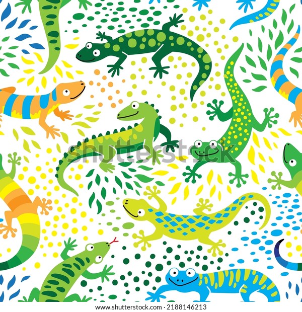 Cute Funny Green Lizard Seamless Pattern Stock Vector (Royalty Free ...