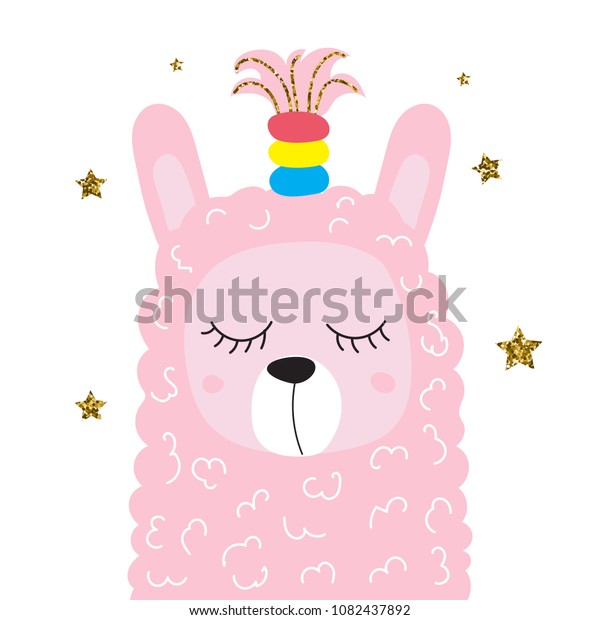 Cálida llama divertida rodeada de estrellas doradas. Lama de corte ...
