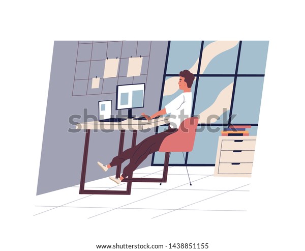 Cute funny man sitting at desk and working on computer at modern office ...