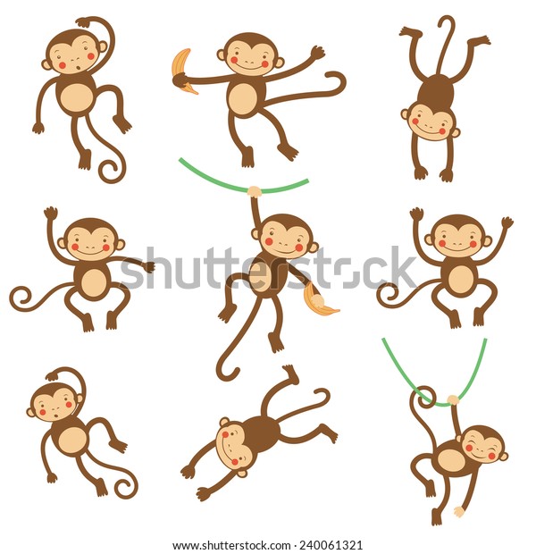 Cute Funny Monkeys Colorful Collection Vector Lagervektor (royaltyfri ...