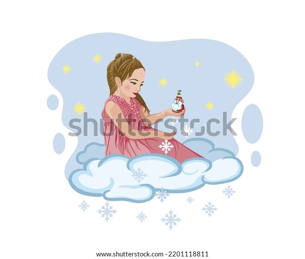 Cute Girl On Cloud Pours Snowflakes Stock Vector (Royalty Free ...