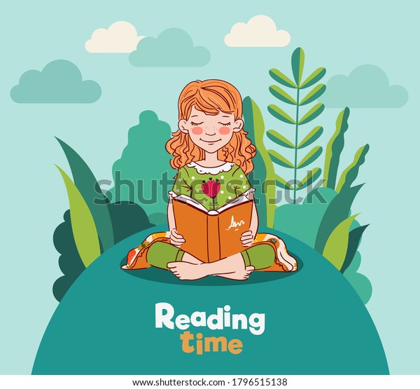Cute Girl Reading Book Garden Nature Stock Vector Royalty Free
