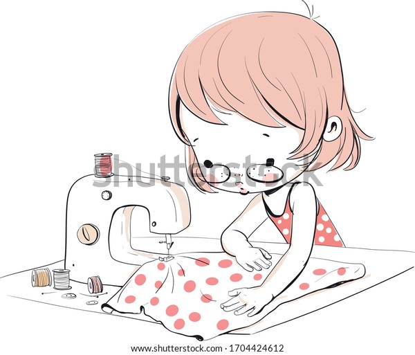 Cute Girl Sewing Machine Stock Vector Royalty Free 1704424612