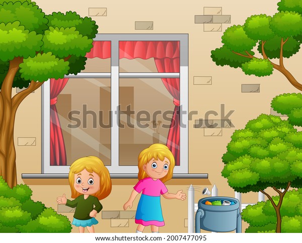 Cute Girl Throwing Garbage Trash Bin Stock Vector (Royalty Free ...