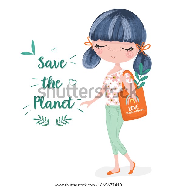 Cute Girl Vector Illustration Save Planet Stock Vector (Royalty Free ...