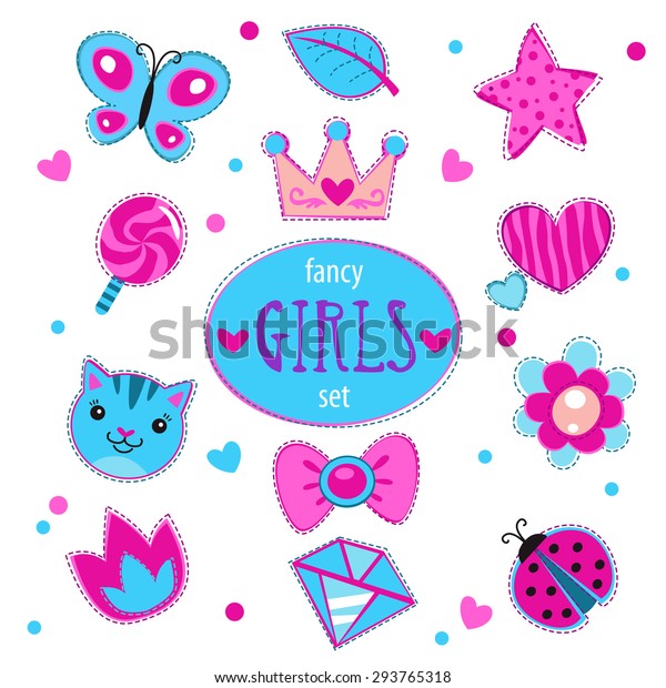 Cute girlish vector set, fancy doodle elements for girls, isolated on white