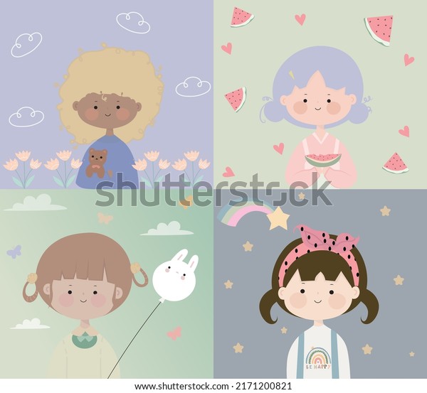 Cute Girls Vector Cartoon Set Happy: เวกเตอร์สต็อก (ปลอดค่าลิขสิทธิ์ ...