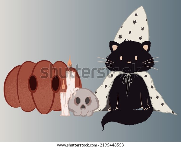 Cute Halloween Cat Mantle Hat Stars Stock Vector (Royalty Free ...