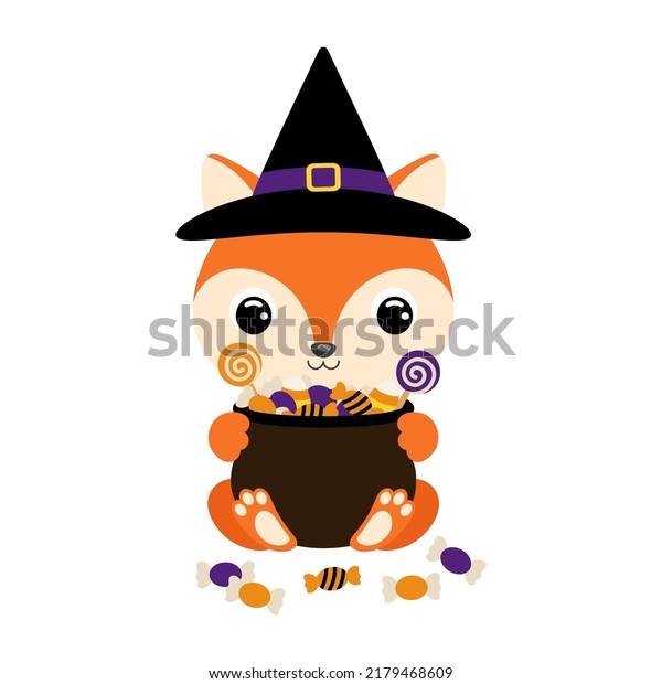 Cute Halloween Fox Witch Hat Holding Stock Vector (Royalty Free ...