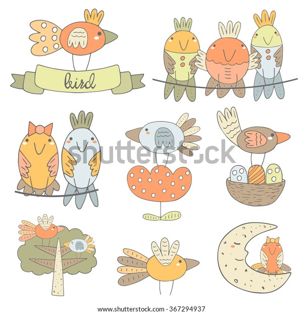 Cute Hand Drawn Birds Collection Including: vector de stock (libre de ...