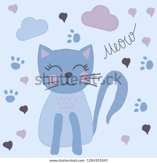 Cute Hand Drawn Cartoon Blue Cat Stock Vector (Royalty Free) 1284301843 ...