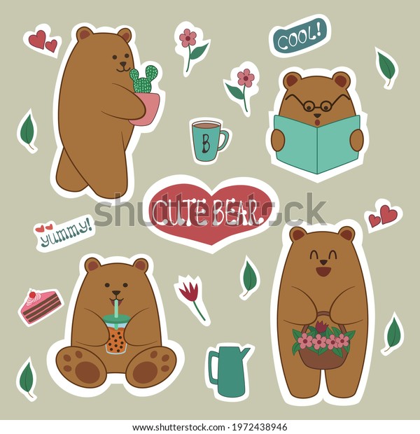 Cute Happy Bear Sticker Vector Brown Stock Vector (Royalty Free ...