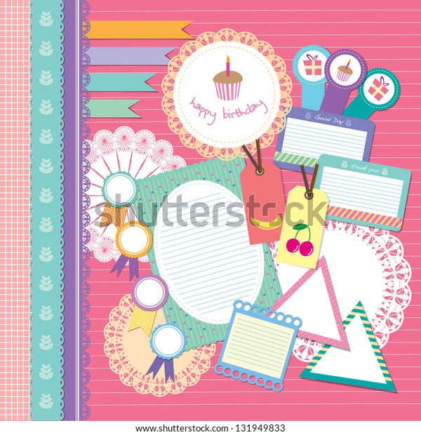Cute Happy Birthday Scrapbook Element Set Stock Vector (Royalty Free ...