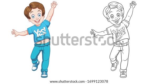 Cute Happy Boy Jumping Coloring Page: vetor stock (livre de direitos ...