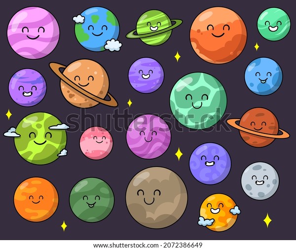 Cute Happy Planet Cartoon Characters Sticker Stock Vector (Royalty Free ...